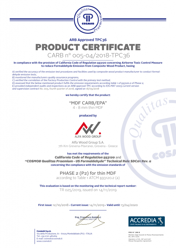 img Cert Alfa Wood CARB • COSMOB S.p.A.